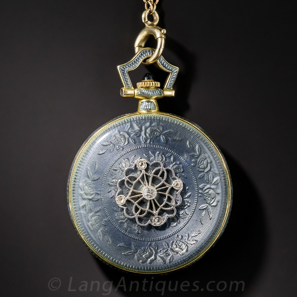 Edwardian Enamel and Diamond Pendant Watch and Chain