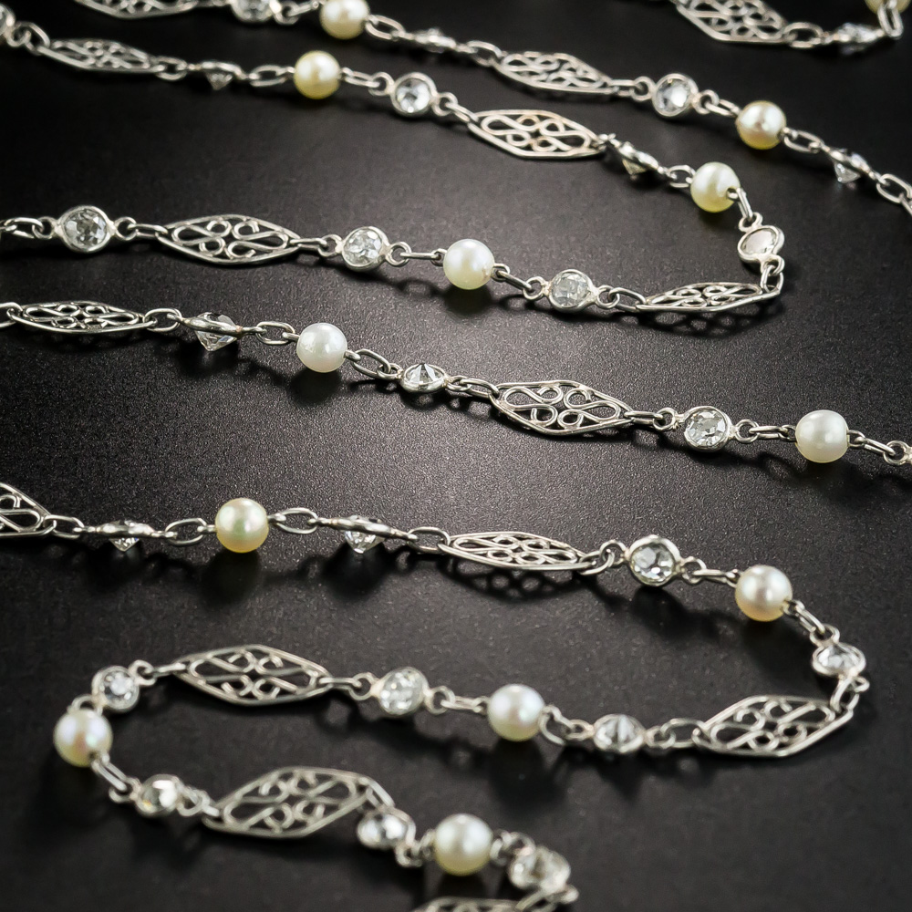 Edwardian Long Natural Pearl and Diamond Chain