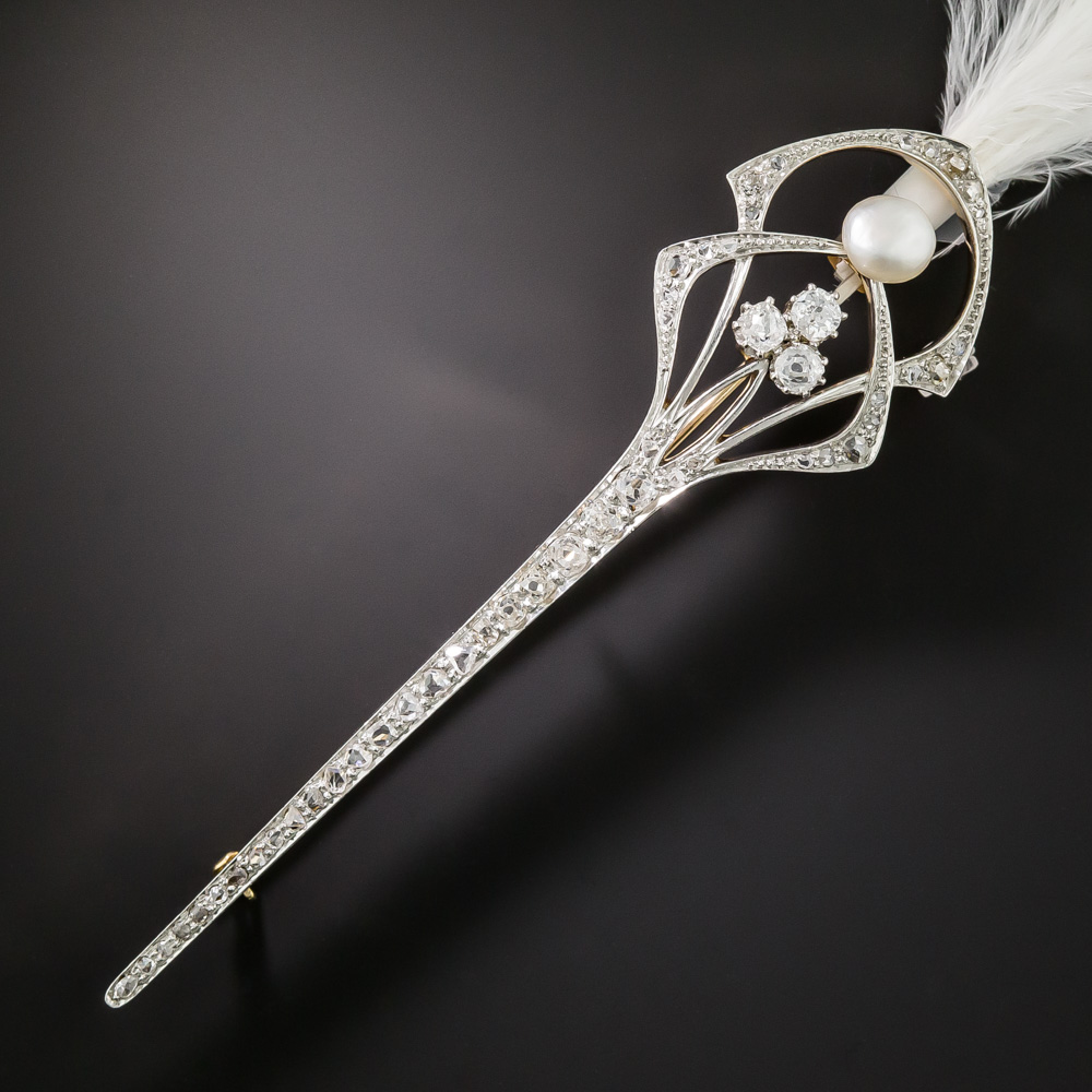Edwardian Natural Pearl and Diamond Aigrette Pin - GIA