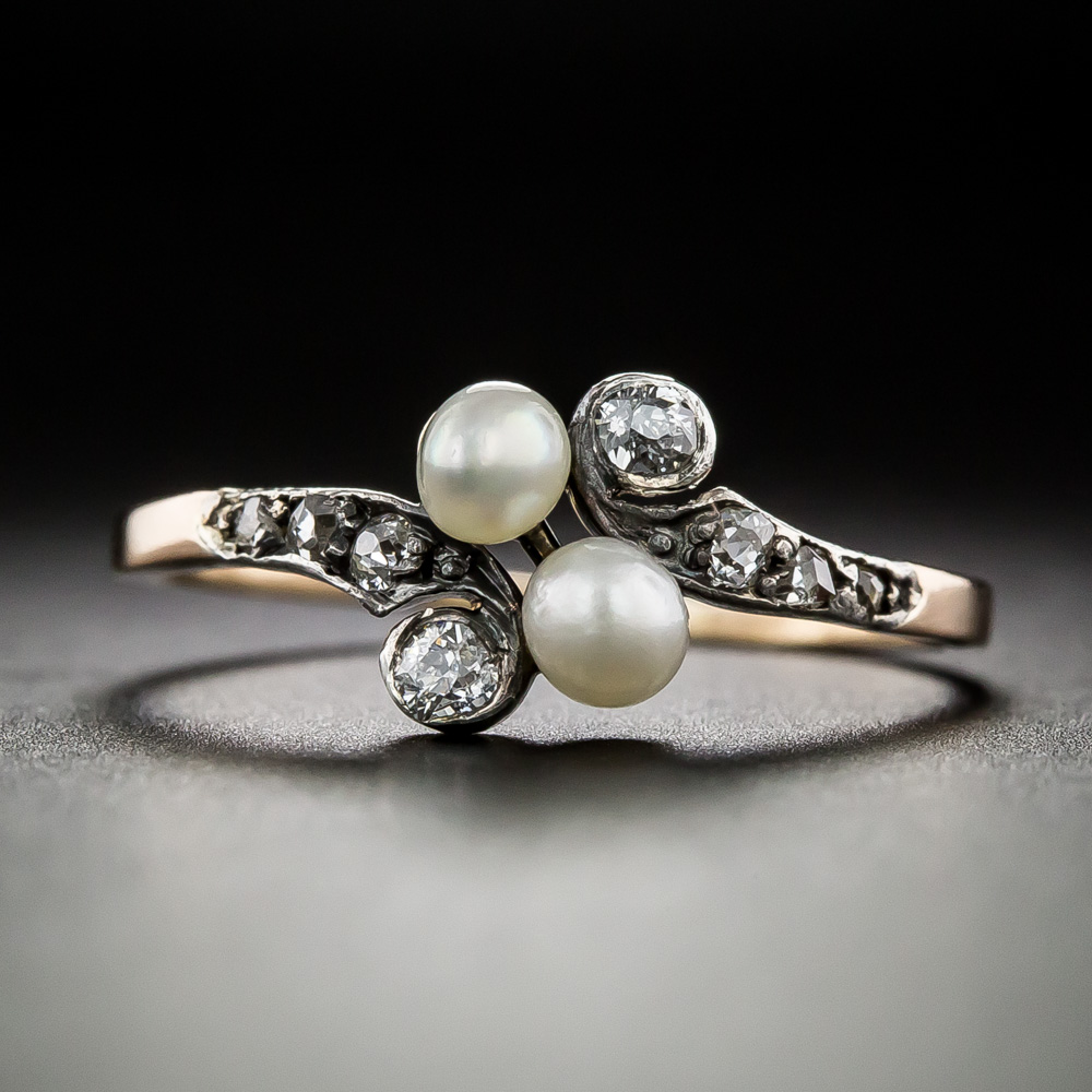 Edwardian Natural Pearl and Diamond Bypass Ring