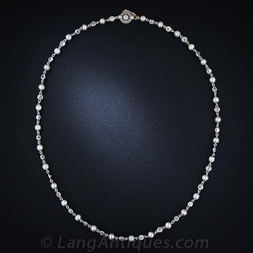 Edwardian Natural Pearl and Diamond Chain