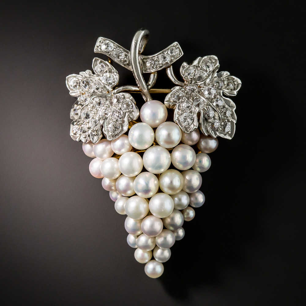 Edwardian Natural Pearl and Diamond Grape Cluster Brooch