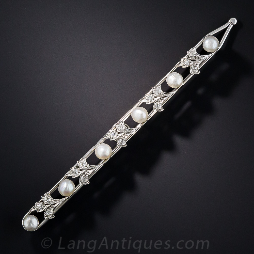 Edwardian Platinum Natural Pearl and Diamond Barrette
