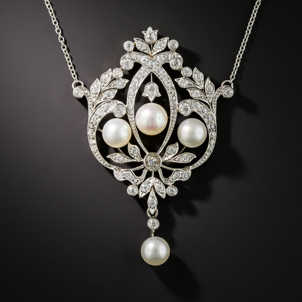 Edwardian Pearl and Diamond Lavalière Necklace