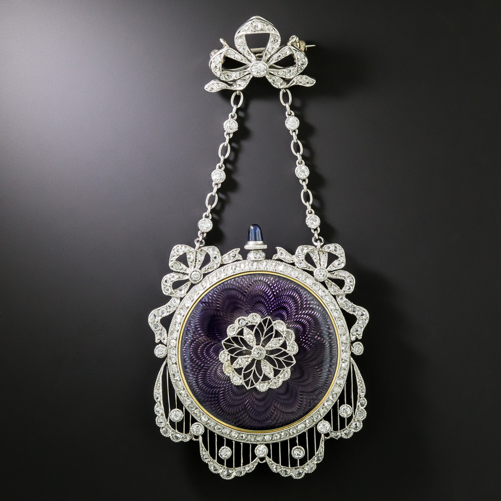 Edwardian Purple Enamel And Diamond Brooch Watch by T. B. Starr