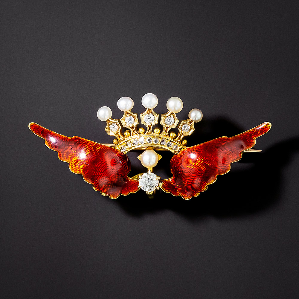 Edwardian Red Enamel, Diamond & Natural Pearl Wing Brooch