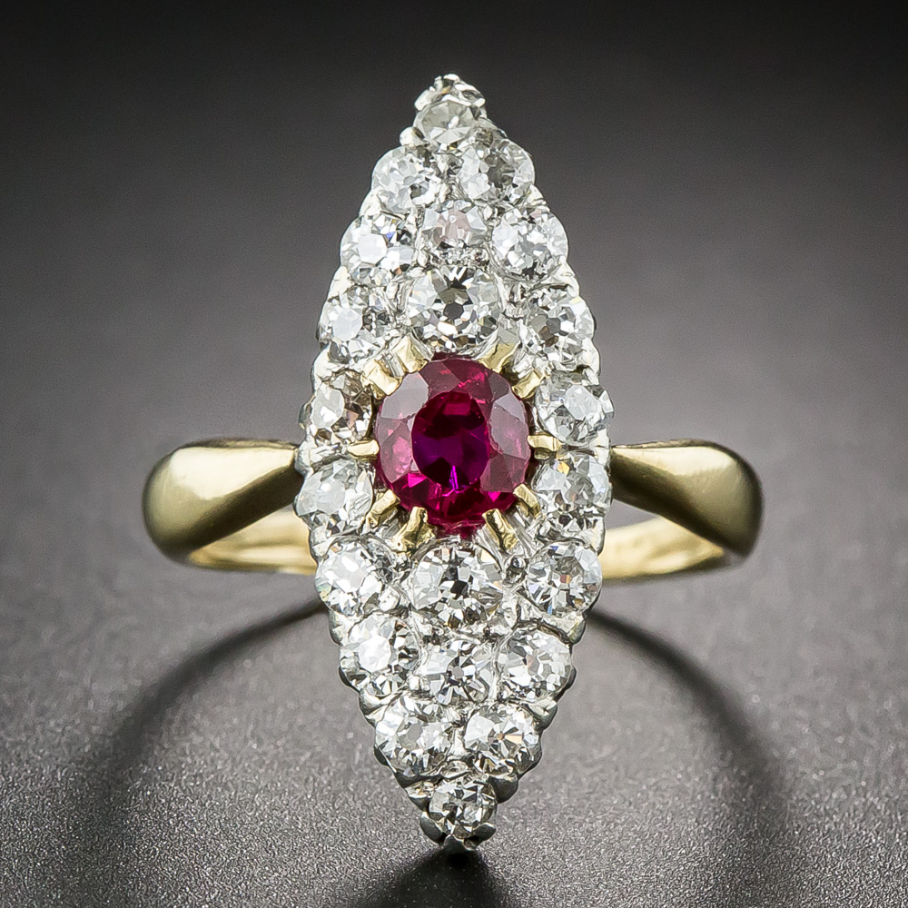 Edwardian Ruby and Diamond Navette-Shaped Dinner Ring