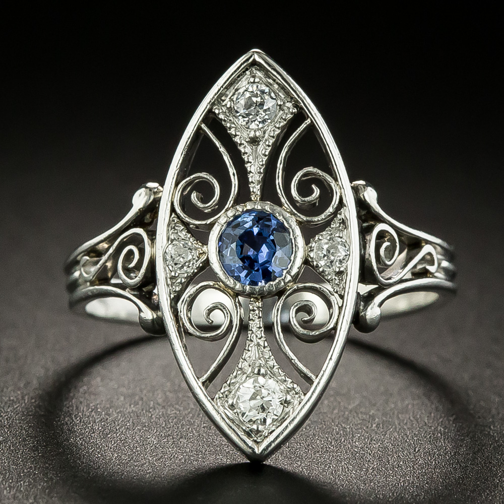 Edwardian Sapphire and Diamond Navette Ring by Riker Bros.