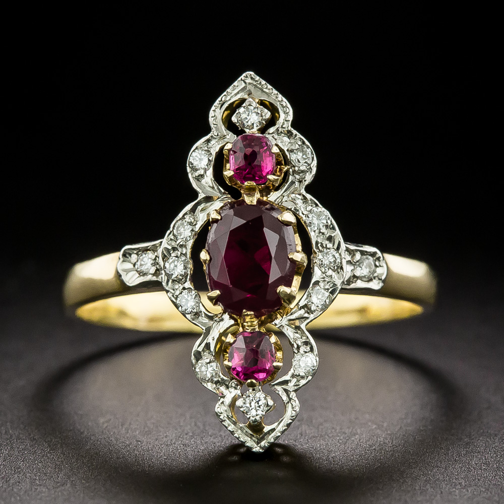 Edwardian-Style Ruby and Diamond Scroll Ring
