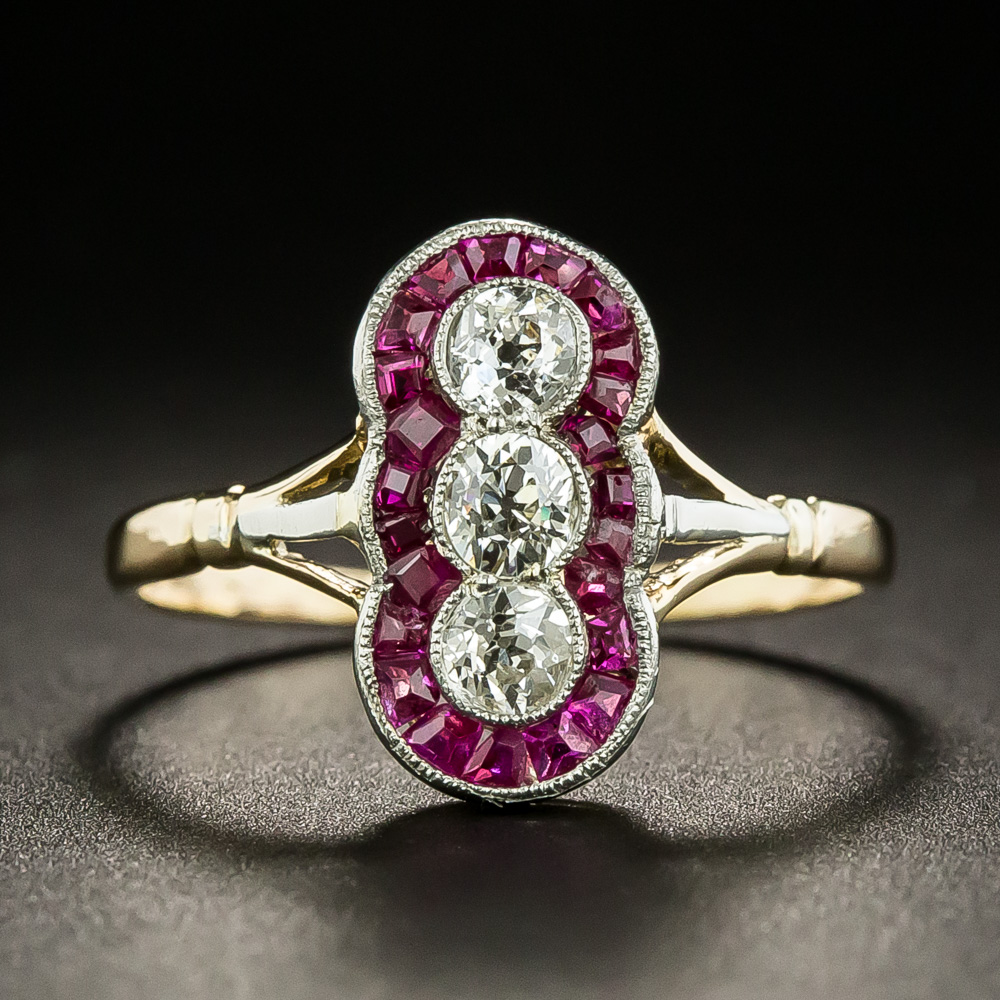 Edwardian Three Diamond and Calibre Ruby Dinner Ring