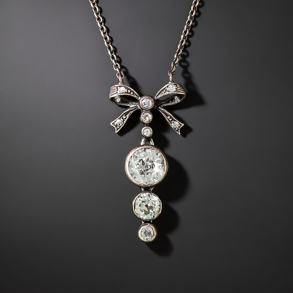 Edwardian Triple Diamond Bow Drop Necklace