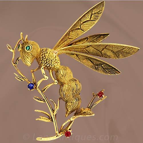 Emerald, Ruby and Sapphire Wasp Pin