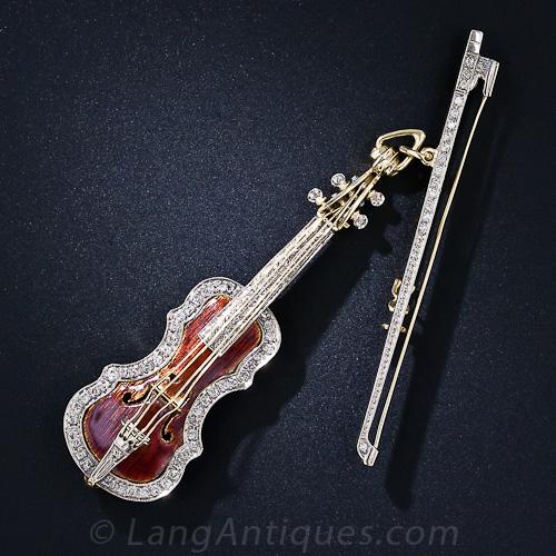Enamel and Diamond Violin and Bow Brooch