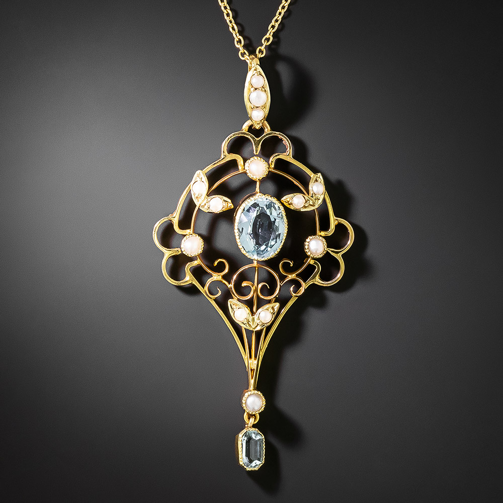 English Aquamarine and Seed Pearl Lavaliere Necklace