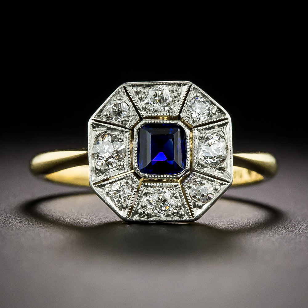 English Edwardian Octagonal Sapphire and Diamond Ring