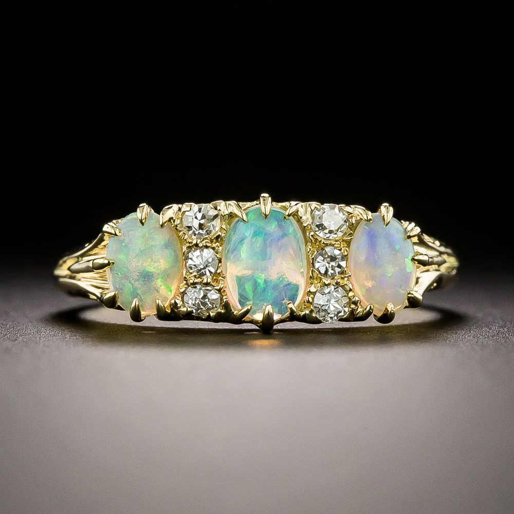 English Edwardian Three-Stone Opal and Diamond Ring