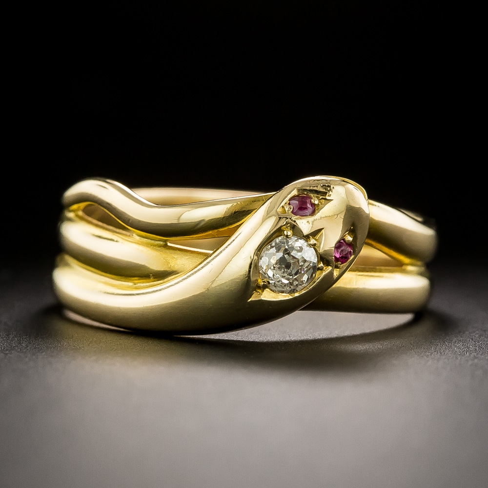 English Victorian 18K Diamond and Ruby Snake Ring, Circa 1899