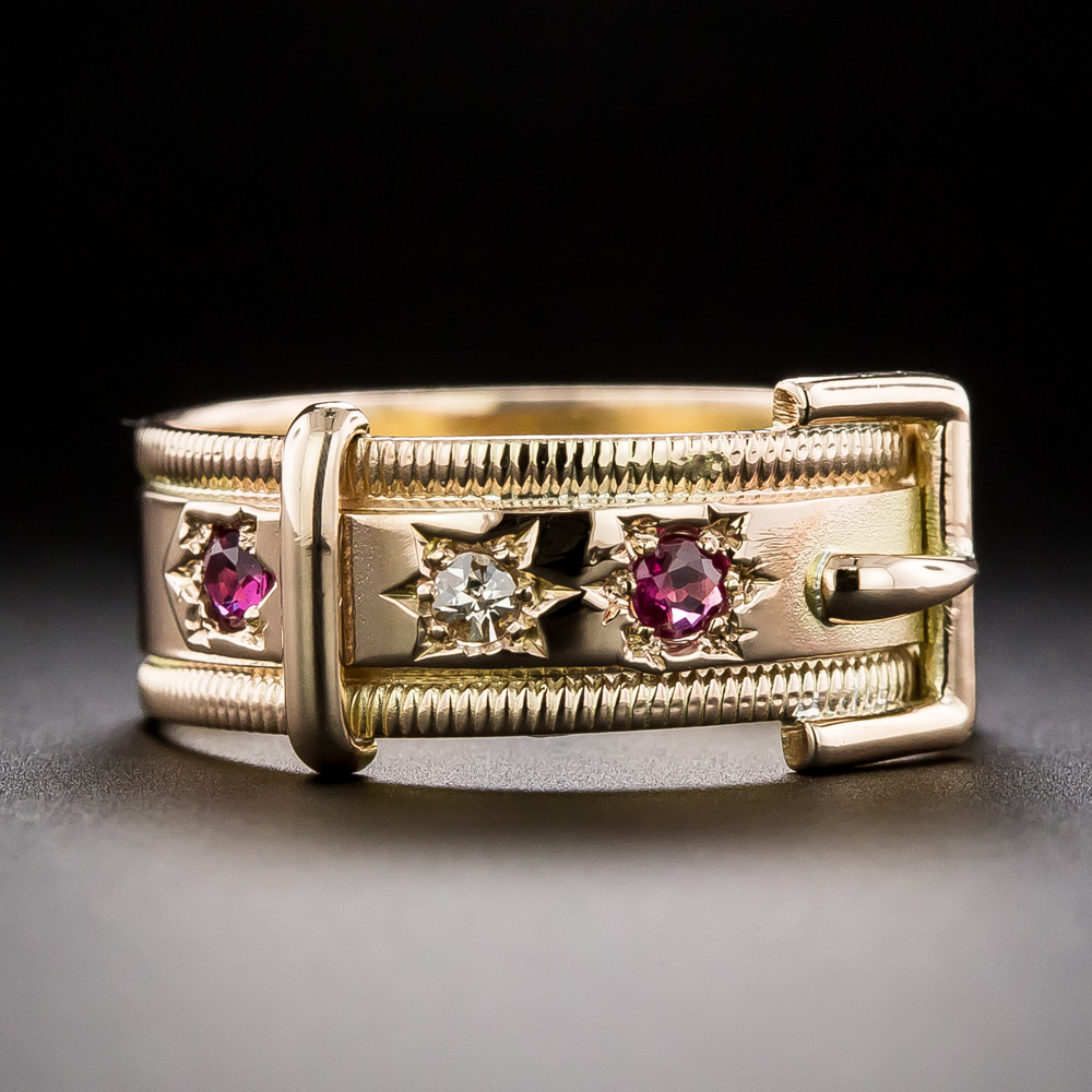 English Victorian Diamond and Ruby Buckle Ring