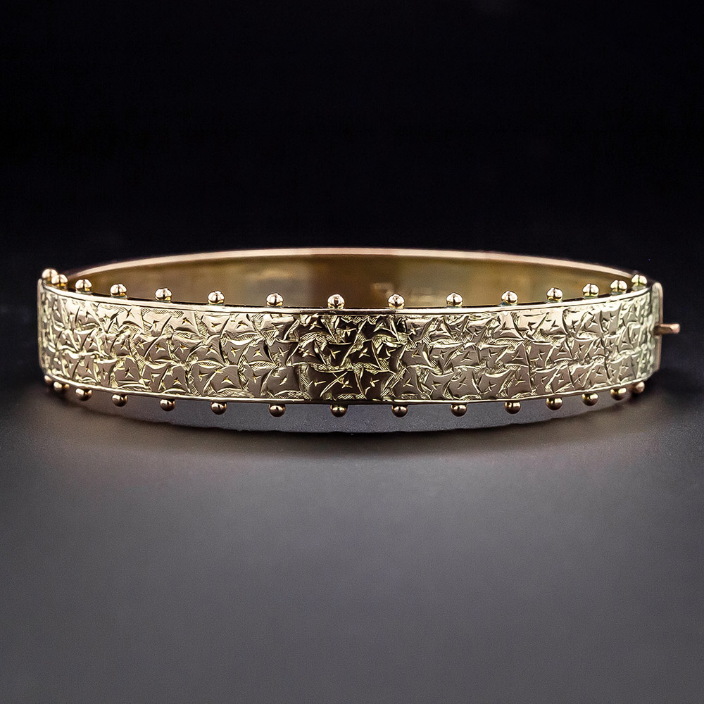 English Victorian Engraved Gold Bangle - Circa 1898