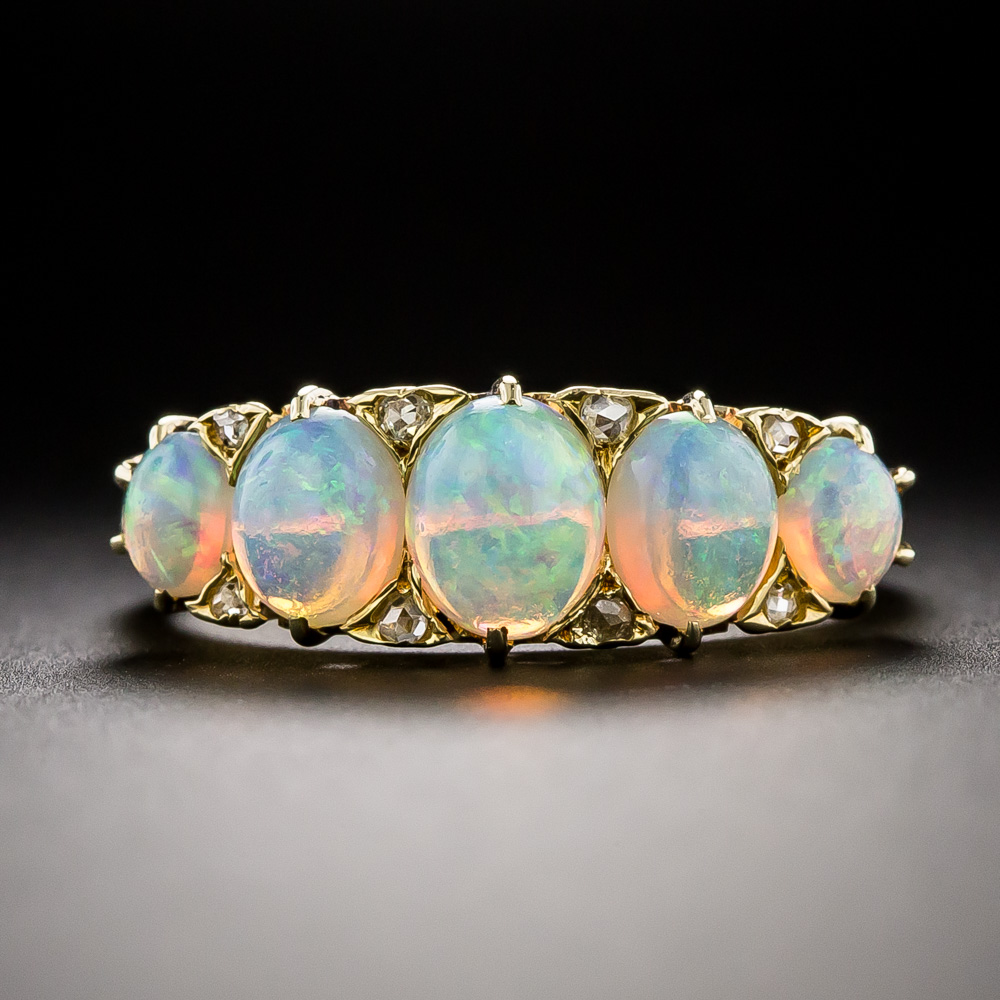 English Victorian Five-Stone Opal and Diamond Carved Ring