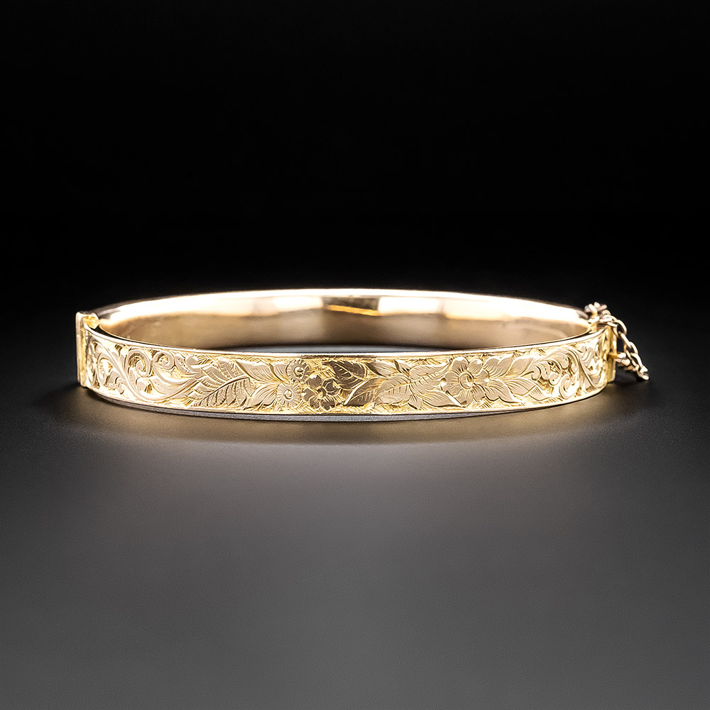 English Victorian Flat-Top Engraved Bangle Bracelet
