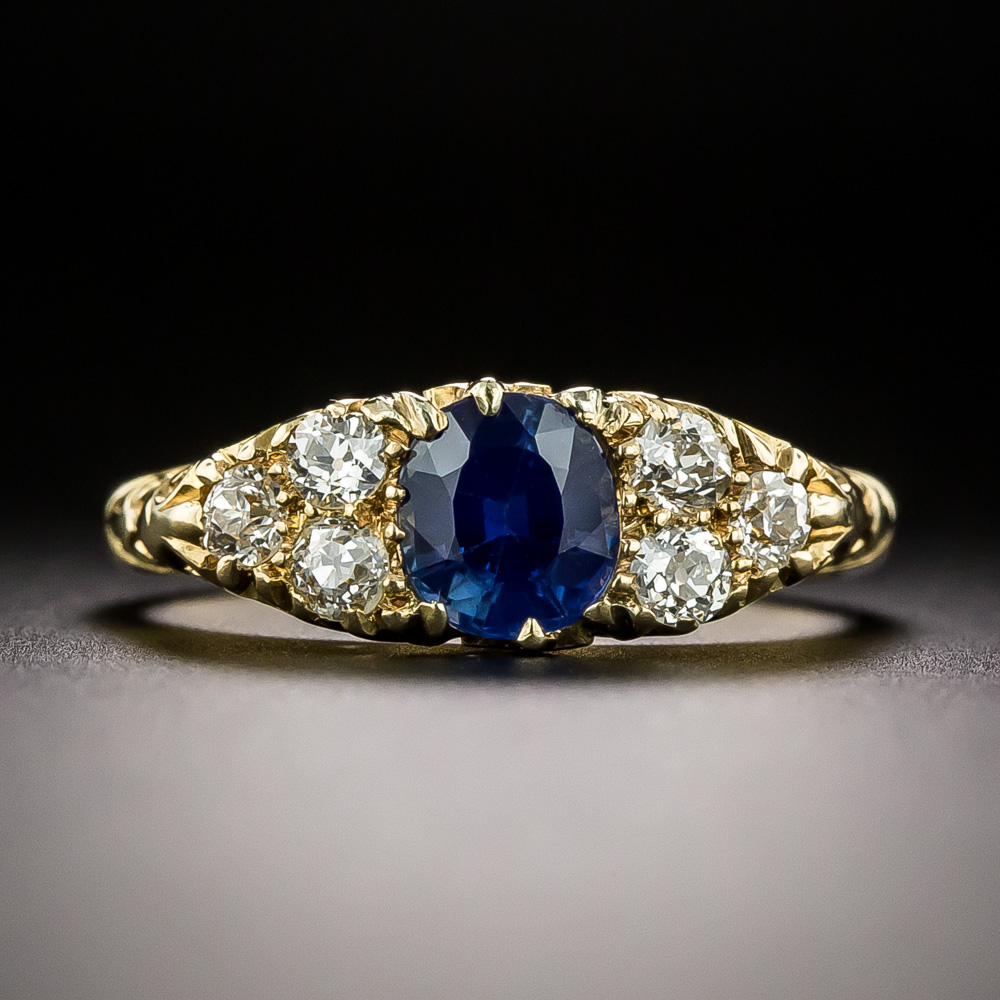 English Victorian No-Heat Pailin Sapphire and Diamond Carved Ring