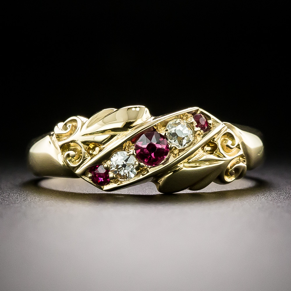 English Victorian Ruby and Diamond Carved Ring
