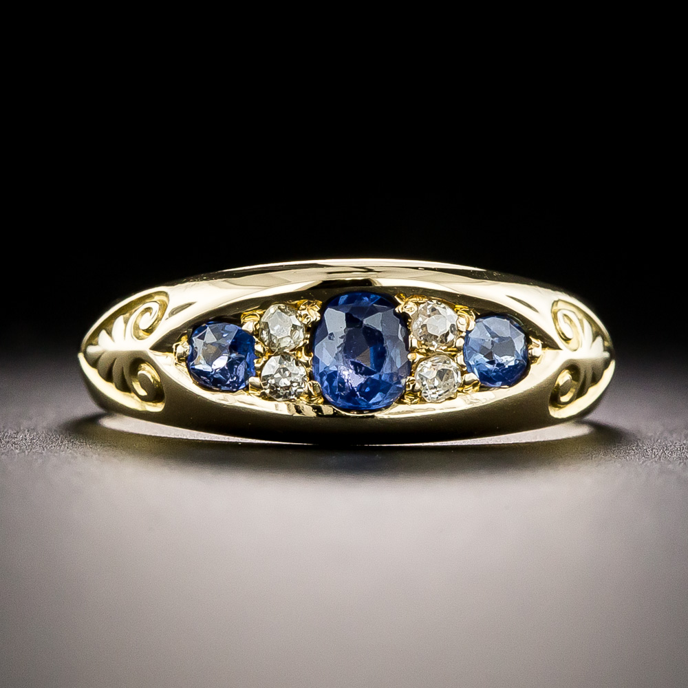English Victorian Sapphire and Diamond Carved Ring, Circa 1898