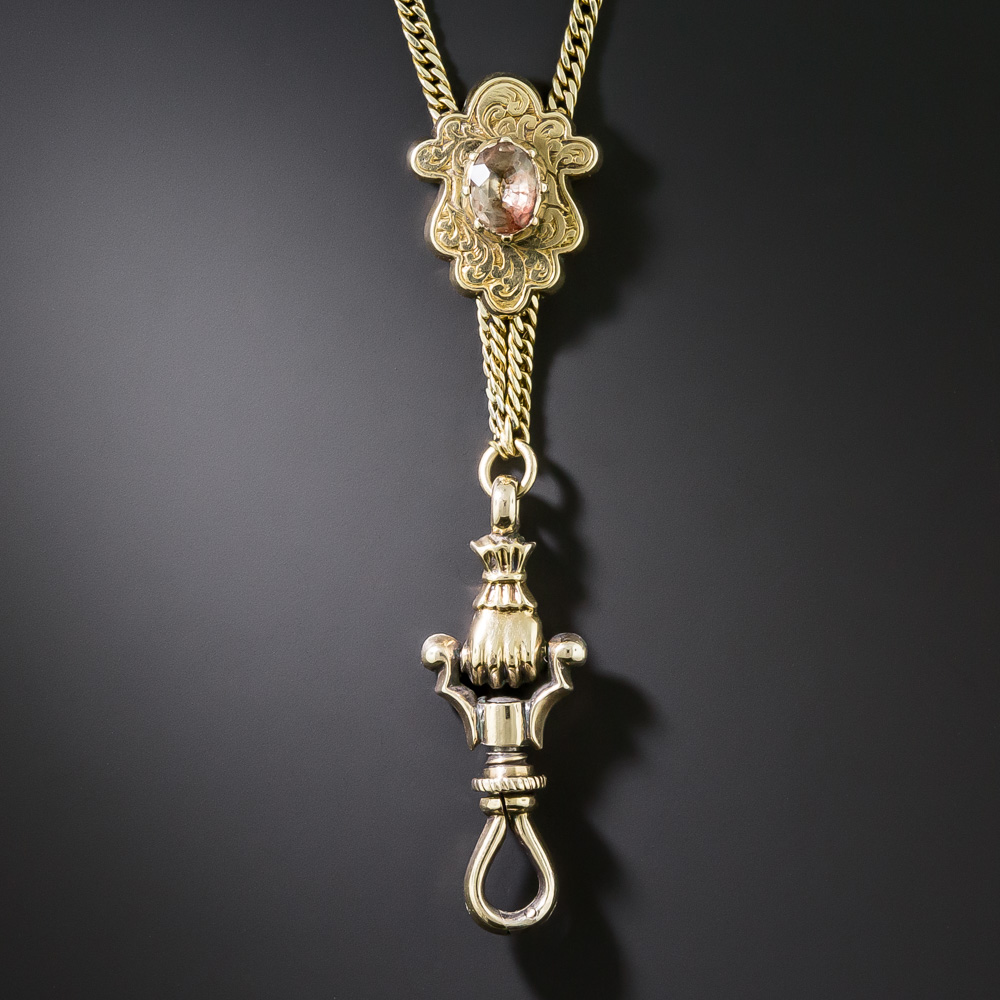English Victorian Slide Necklace with Topaz and Hand Fob