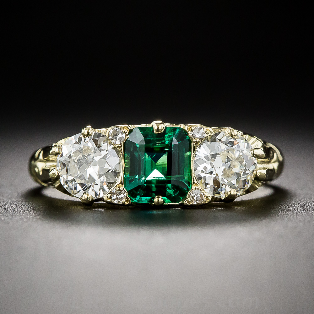 English Victorian Style 18K Emerald and Diamond Ring