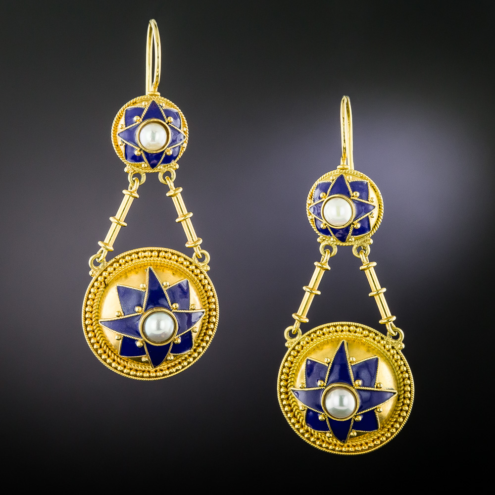 English Victorian-Style Pearl and Blue Enamel Drop Earrings