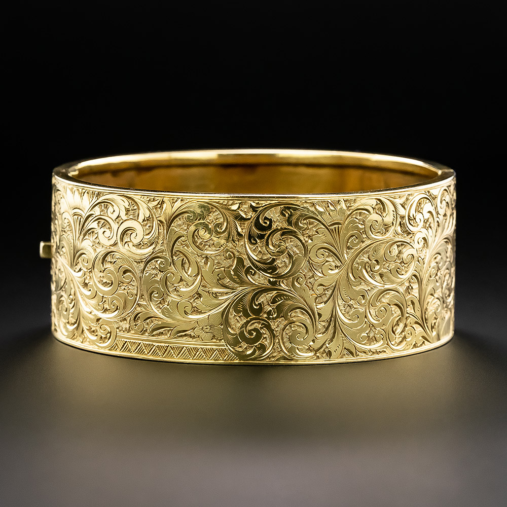 English Victorian Wide Engraved Bangle Bracelet, Circa 1881