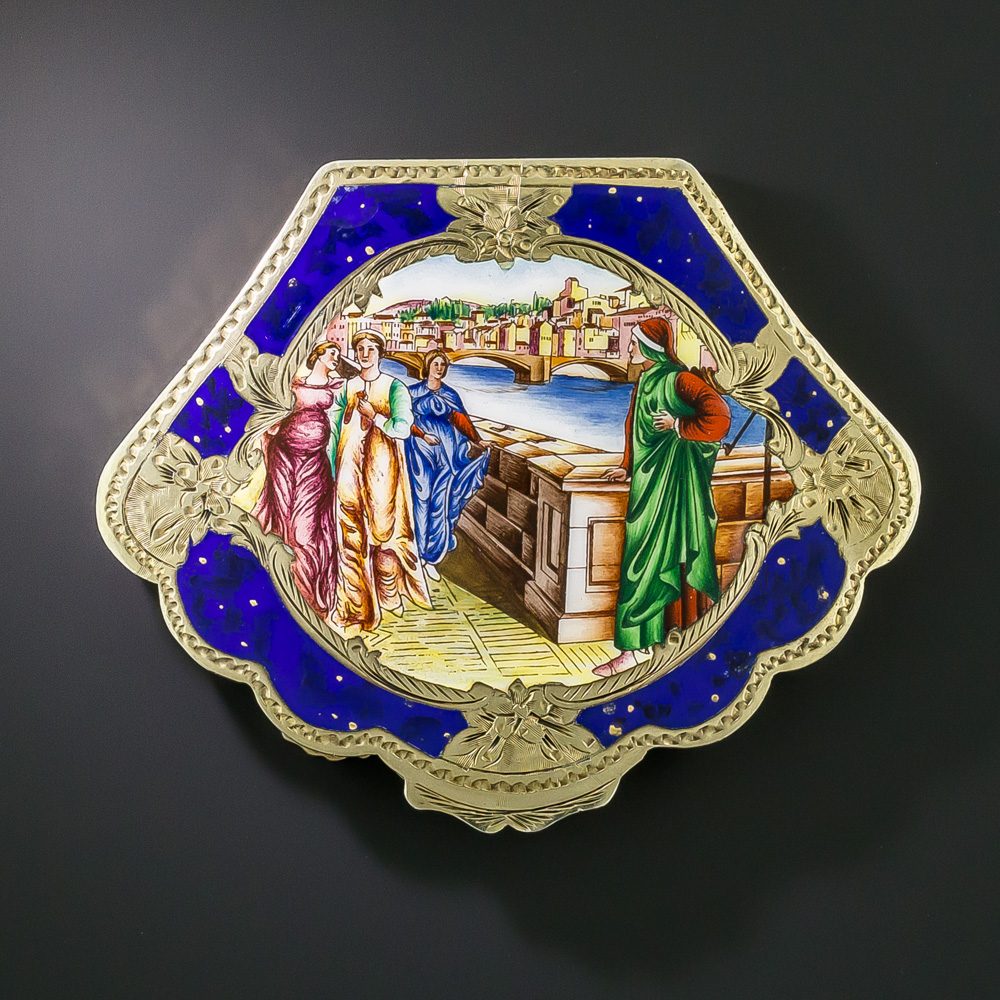 Engraved Gilded Silver and Painted Enamel Compact Box