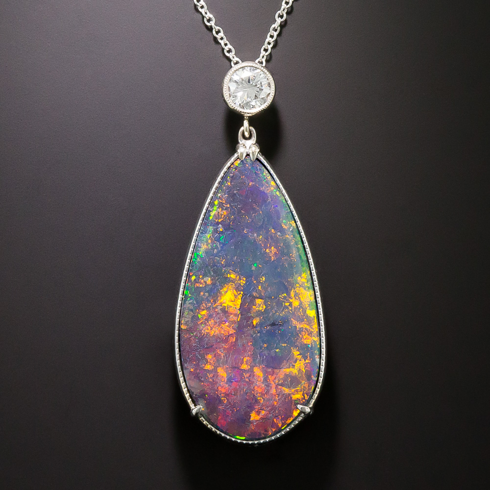 Estate 15.59 Carat Pear Shaped Boulder Opal And Diamond Necklace