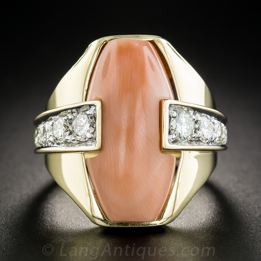 Estate 18K Coral and Diamond Ring