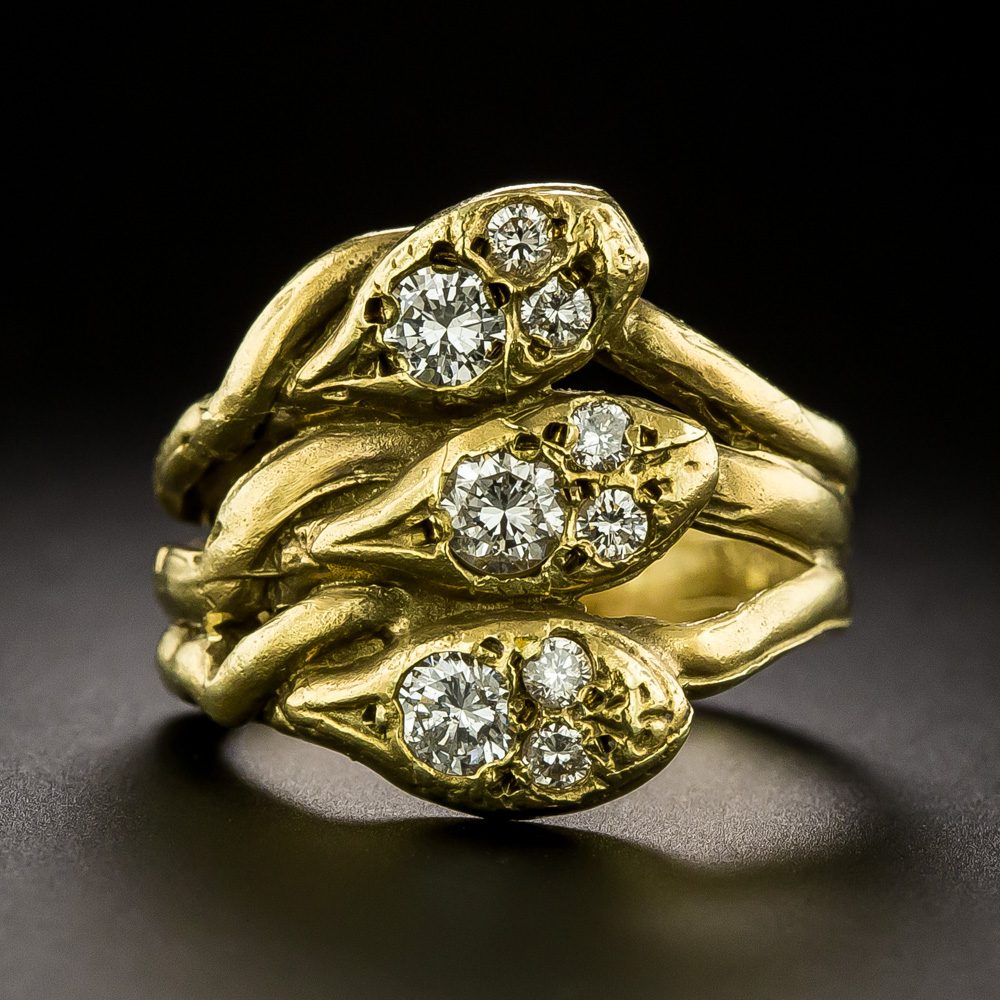 Estate 18K Triple Diamond-Headed Snake Ring