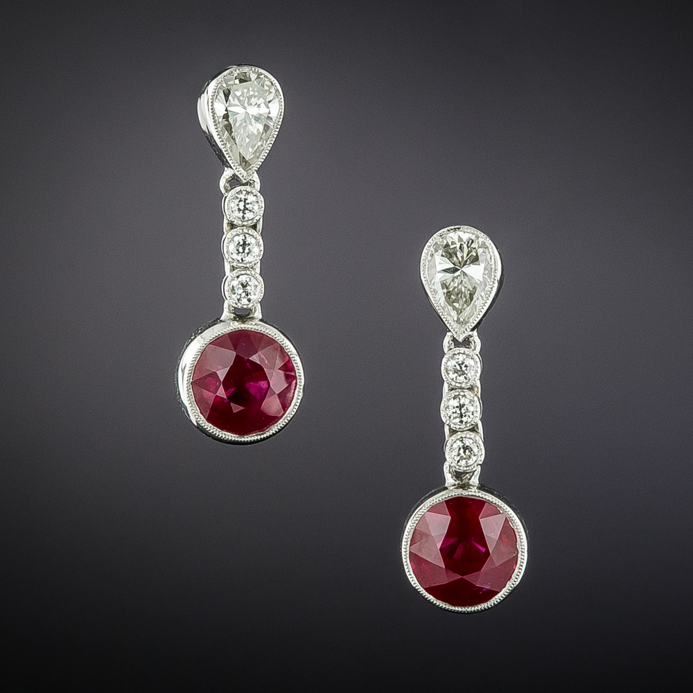 Estate 2.04 Carat Burma Ruby and Diamond Drop Earrings