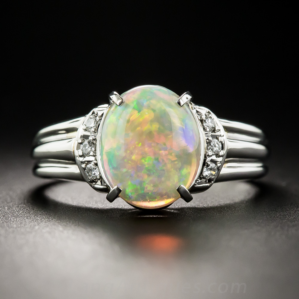 Estate 2 30 Carat Opal Platinum Diamond Ring