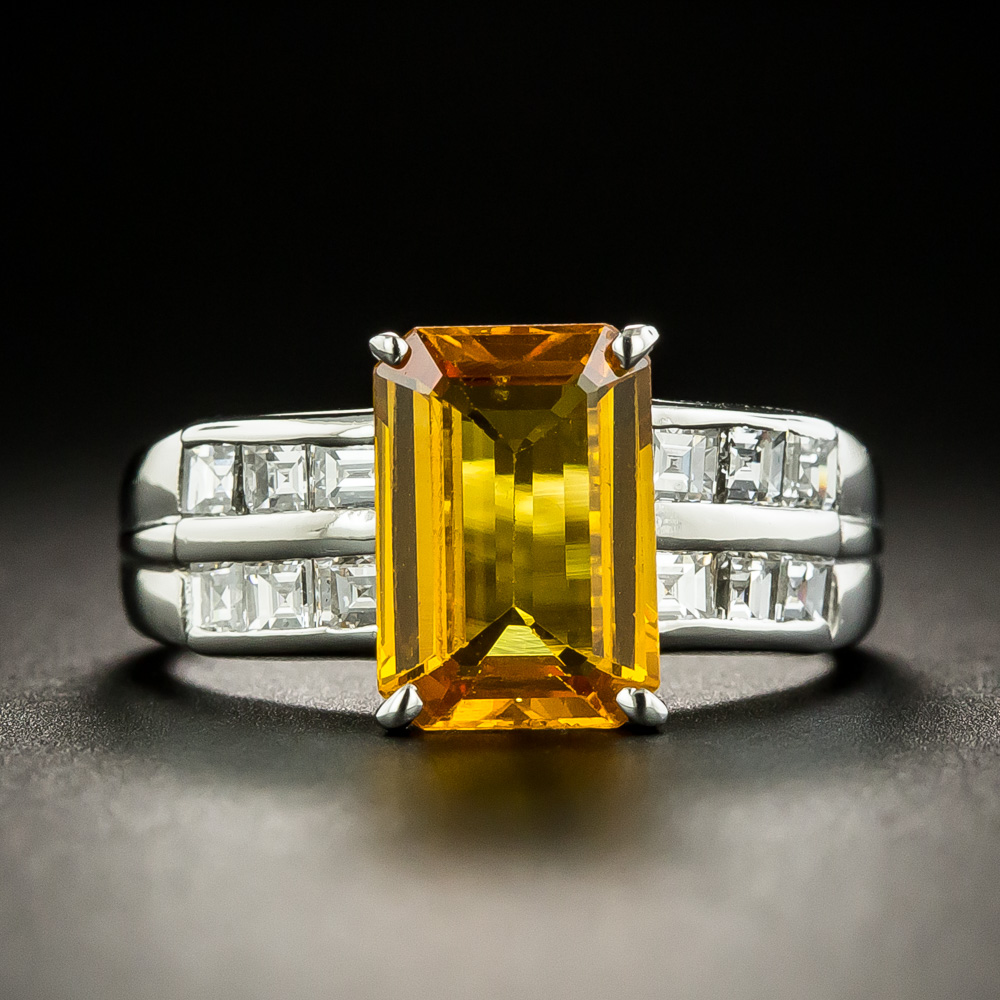 Estate 2.86 Golden Emerald-Cut Sapphire and Diamond Ring
