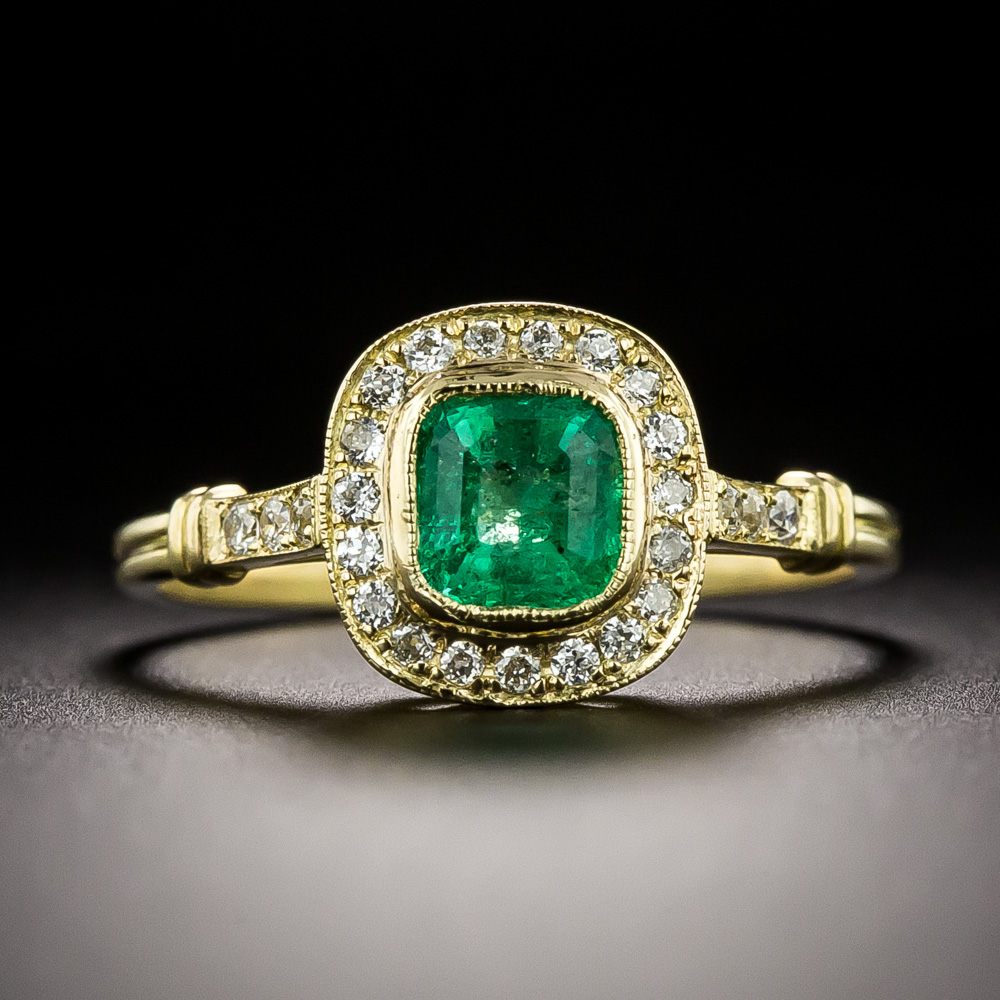 Estate .66 Carat Cushion-Cut Emerald and Diamond Halo Ring