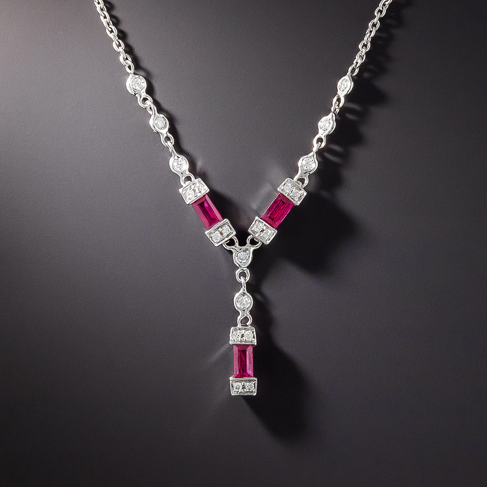 Estate Baguette Ruby and Diamond Necklace