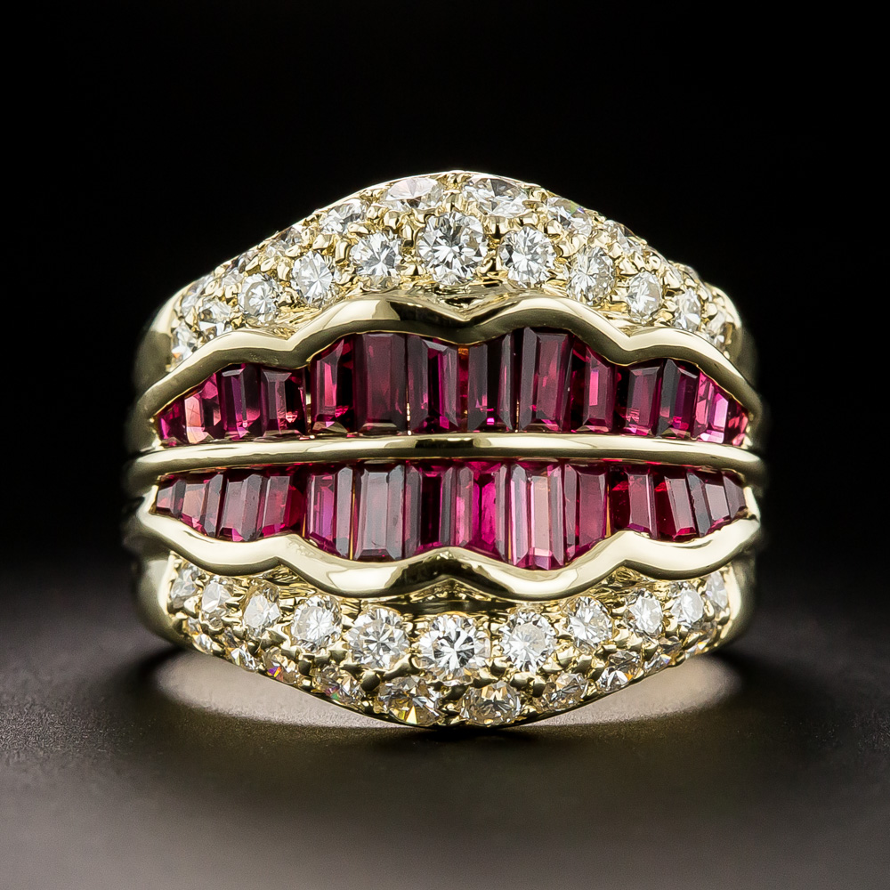 Estate Baguette Ruby And Pavé Diamond Ring