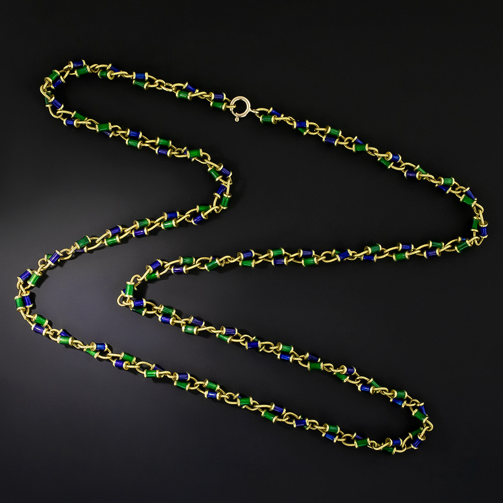 Estate Blue & Green Enamel Long Link Chain