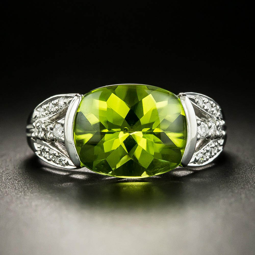 Estate Buff Top Peridot and Diamond Ring