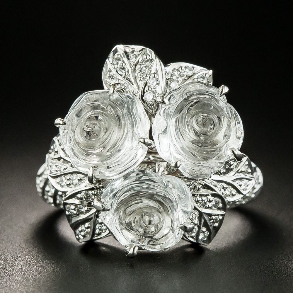 Estate Crystal Flowers and Diamond Leaves Ring