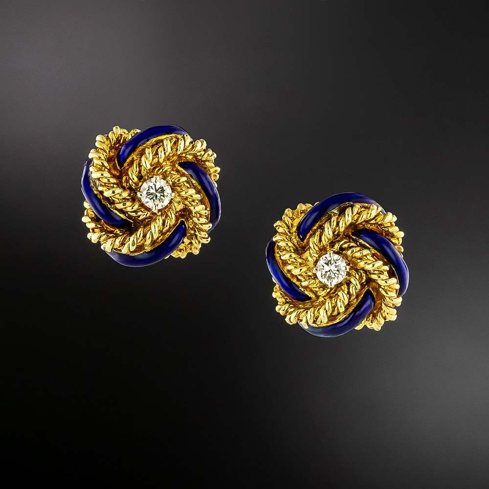 Estate Diamond and Blue Enamel Knot Stud Earrings