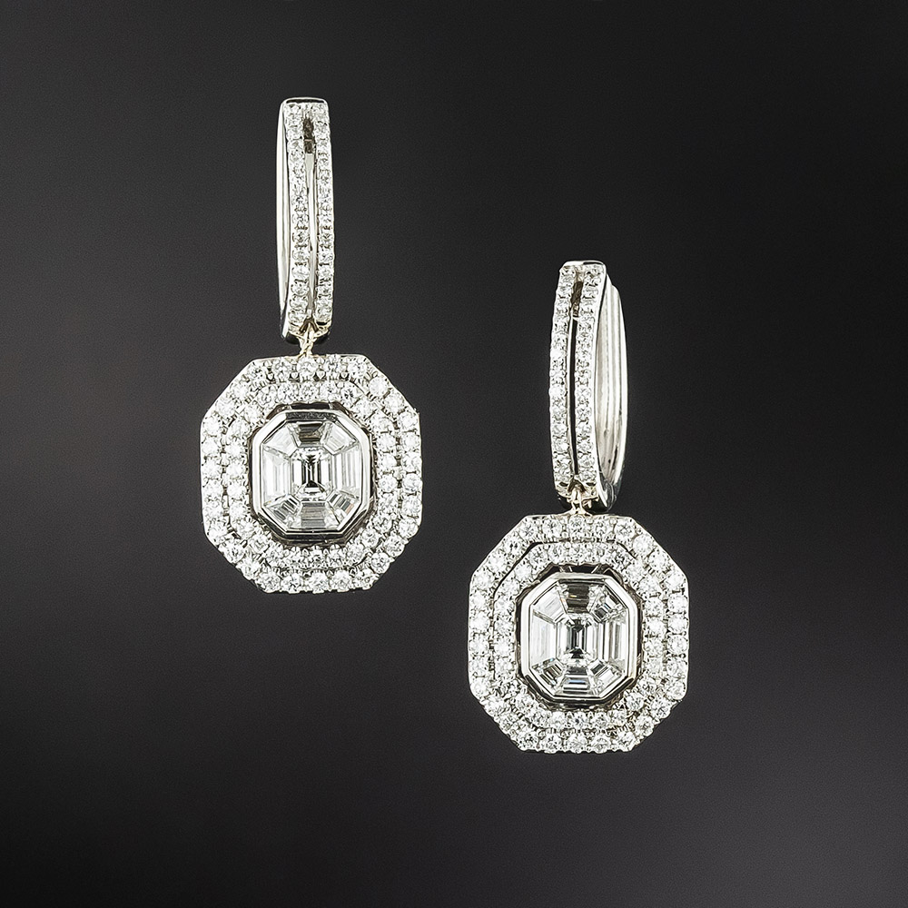 Estate Double Halo Diamond Drop Earrings