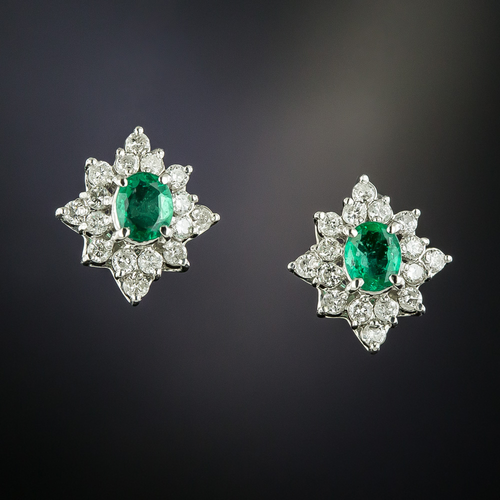 Estate Emerald Platinum Diamond Clusters Earrings