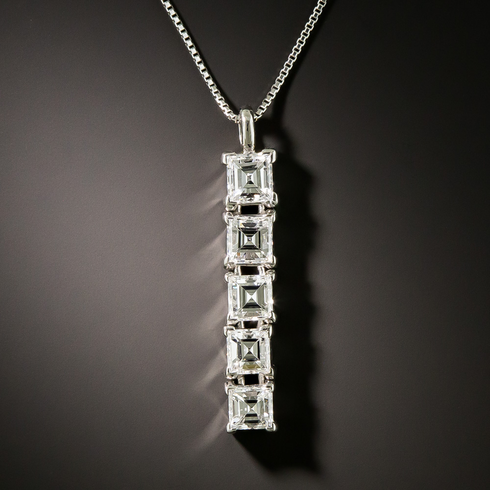 Estate Five Stone Emerald-Cut Diamond Drop Necklace