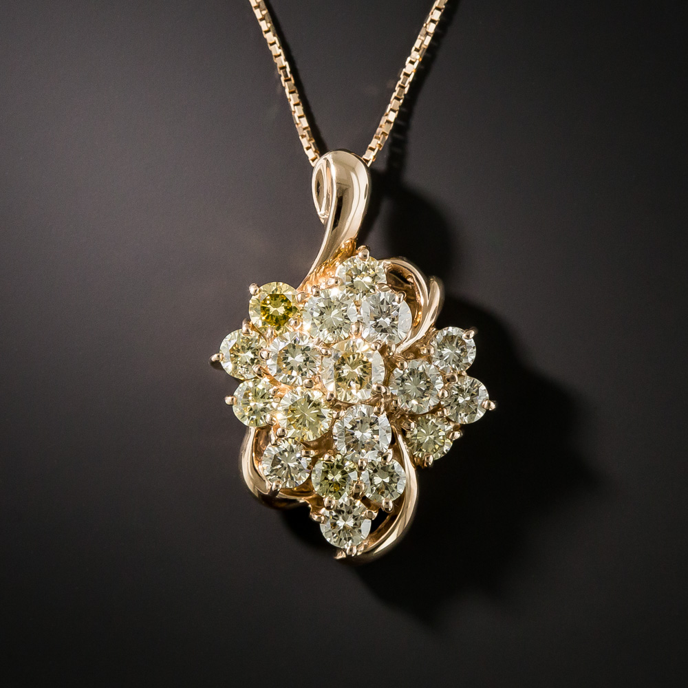 Estate Multi-Color Diamond Cluster Rose Gold Pendant Necklace